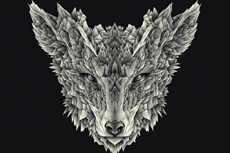 Geometric Grayscale Fox Head Illustration with Sharp, Angular Details ...