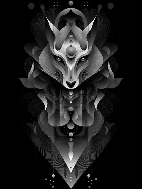 Geometric Grayscale Fox Illustration with Symbolic Patterns Stock ...