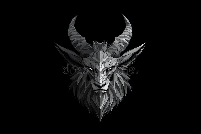 Geometric Grayscale Goat Head with Sharp Horns, Low-poly Style, Dark ...