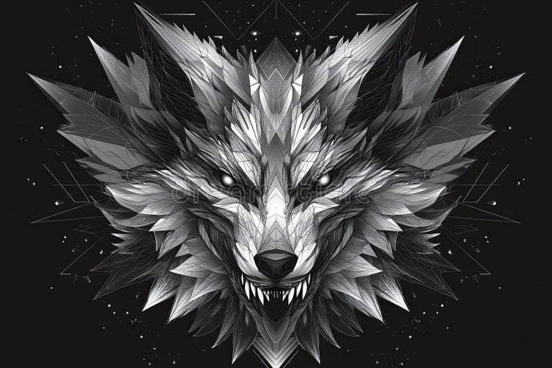 Geometric Grayscale Wolf Head Illustration, Sharp Lines, Dark ...