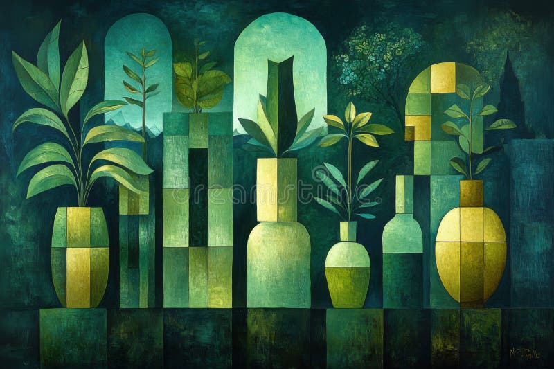 Geometric Greenery Art Vibrant Plant Forms in Abstract Composition ...