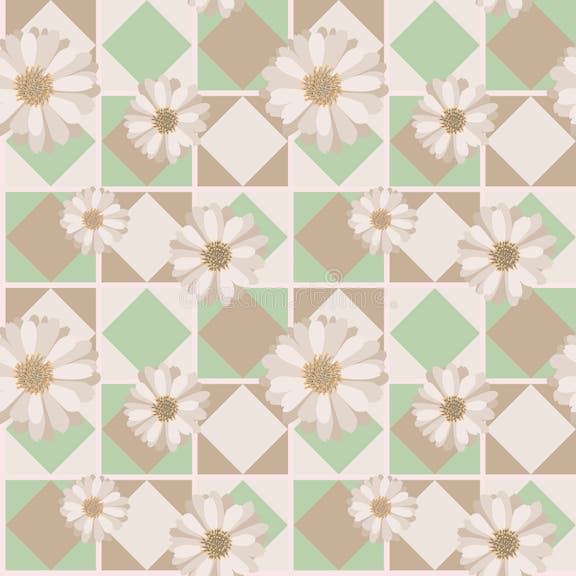 Geometric Checkered Seamless Pattern with Daisy Flowers Stock Vector ...