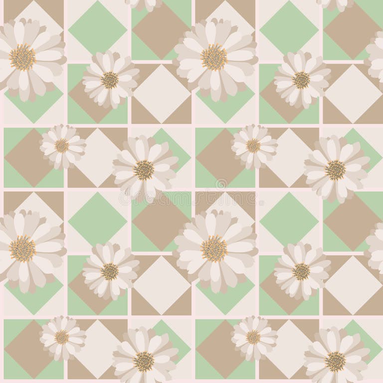 Geometric Checkered Seamless Pattern with Daisy Flowers Stock Vector ...
