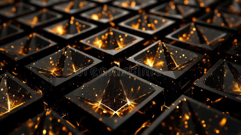 Geometric Grid with Gold Illuminated Pyramids on Black Background ...
