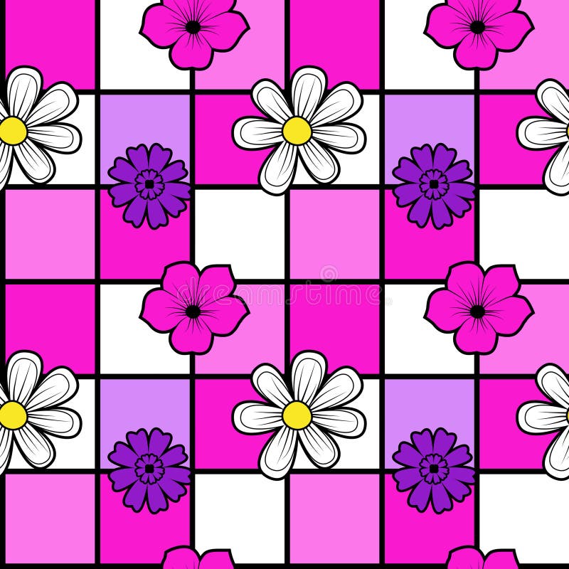 Geometric Grid Seamless Pattern with Flowers Stock Vector ...