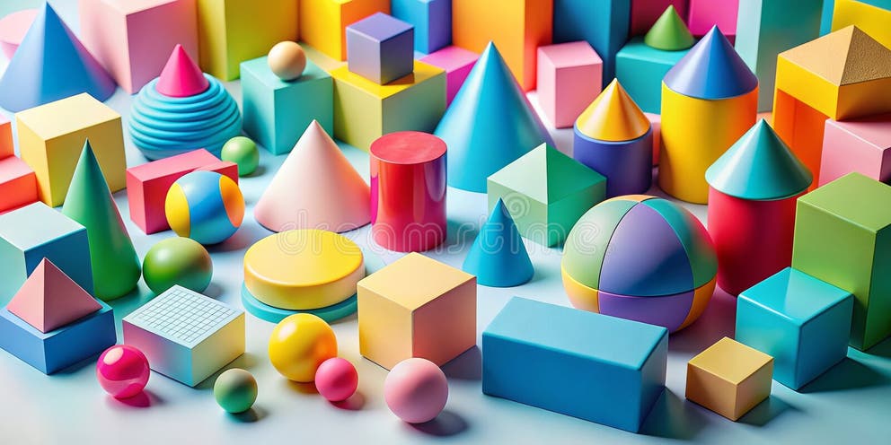 Geometric Harmony a 3D Composition of Colorful Cubes, Spheres, Cones ...
