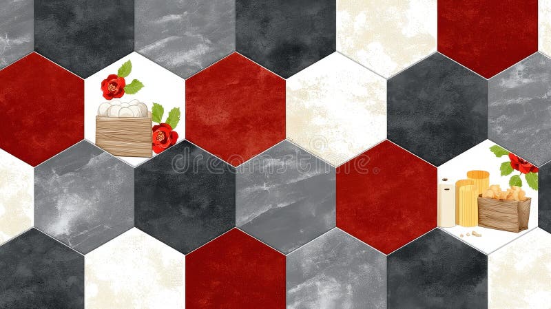 Geometric Hexagonal Pattern with Floral and Culinary Elements in Red ...