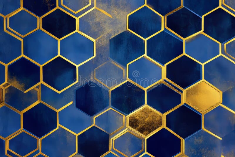 Geometric Hexagonal Patterns in Blue and Gold, Flowing into One Another ...