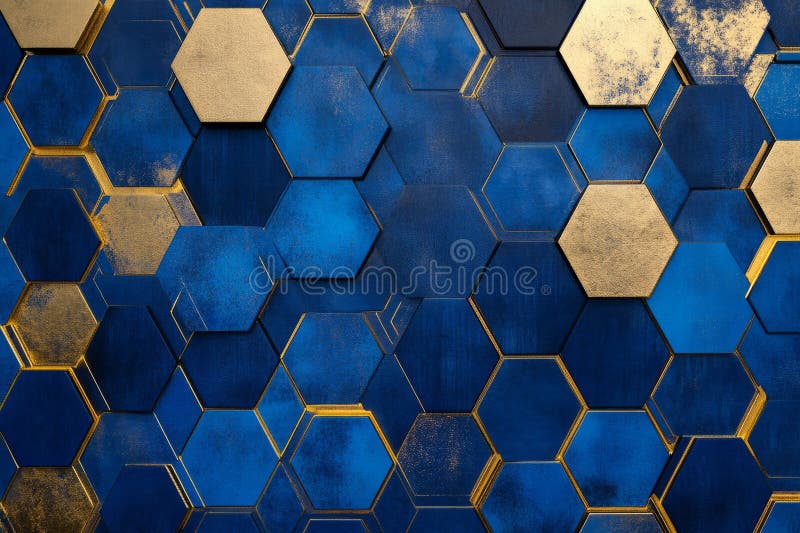 Geometric Hexagonal Patterns in Blue and Gold, Flowing into One Another ...