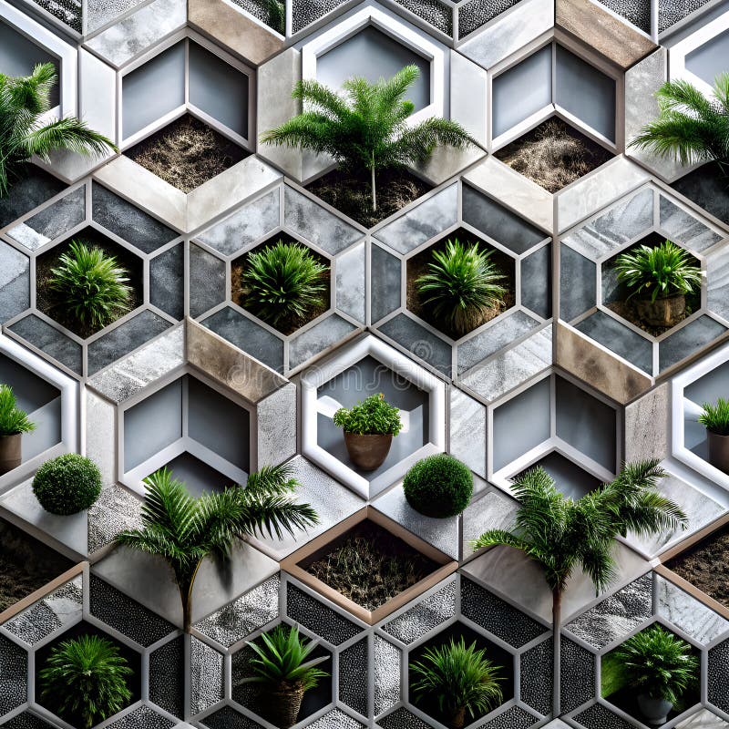 Geometric Hexagonal Wall with Embedded Greenery and Potted Plants Stock ...