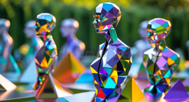 Geometric Humanoid Sculptures Displayed in an Outdoor Setting, Abstract ...