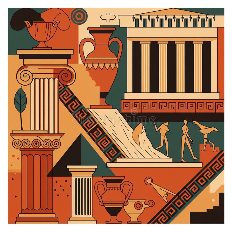 Geometric Illustration Featuring Ancient Greek Motifs. Prominent ...