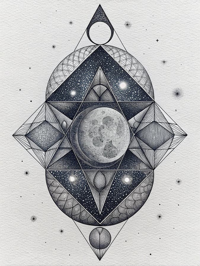 Geometric Moon Phases Dotwork Illustration Featuring Geometric Patterns ...