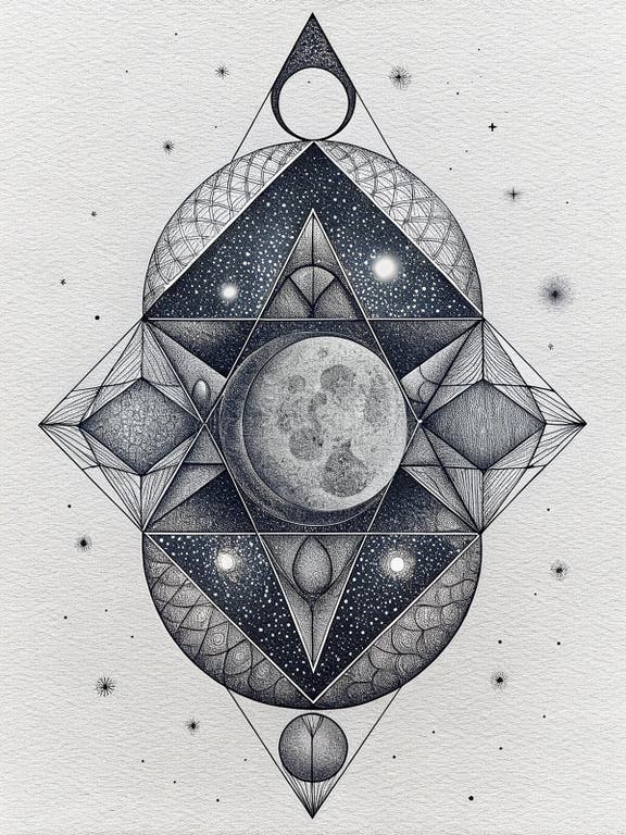 Geometric Moon Phases Dotwork Illustration Featuring Geometric Patterns ...