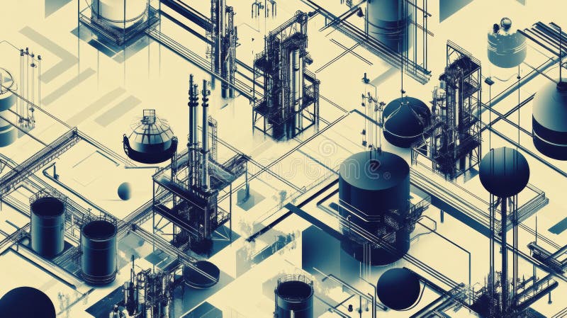 Geometric Industrial Pattern of Oil Tanks, Pipes, and Rigs with ...
