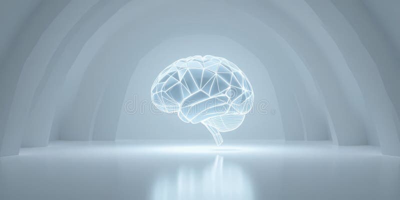 Geometric Intelligence a Low Poly Neon Brain Reflecting Light in a Stark White, Abstract Void ...