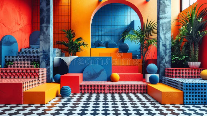 Geometric Interior Design with Bold Colors.Vibrant Shapes Living Room ...