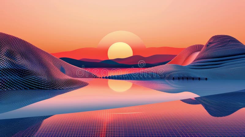 A Geometric Interpretation of a Lake at Sunset with Warm Vibrant Tones ...