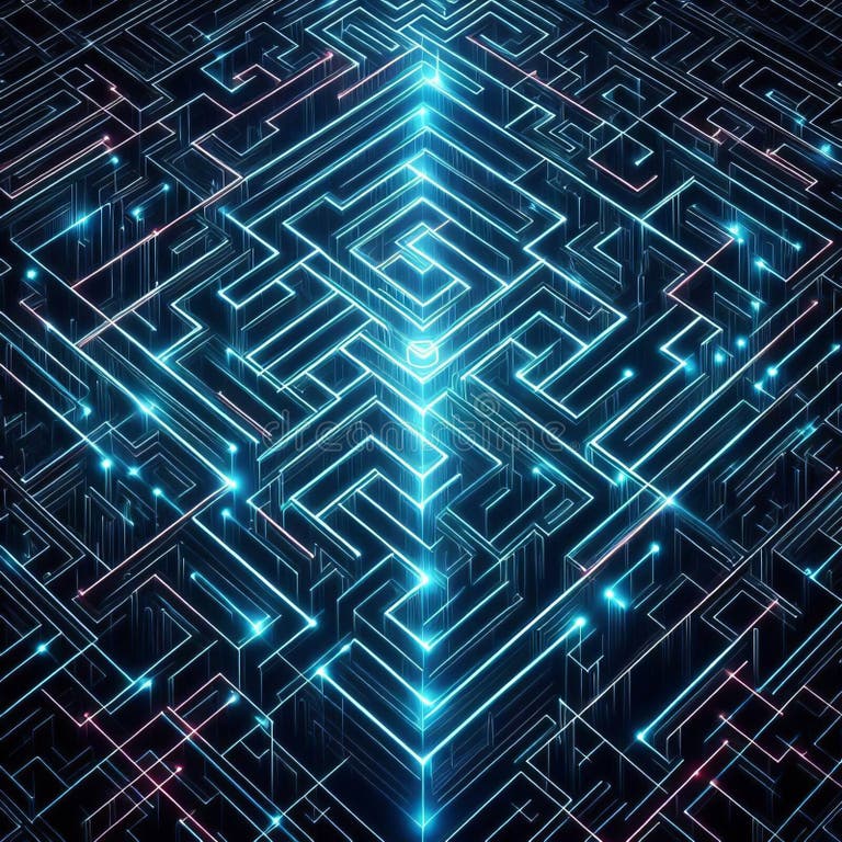 Geometric Labyrinth Path Pattern with Neon Lights a Labyrinth Stock ...
