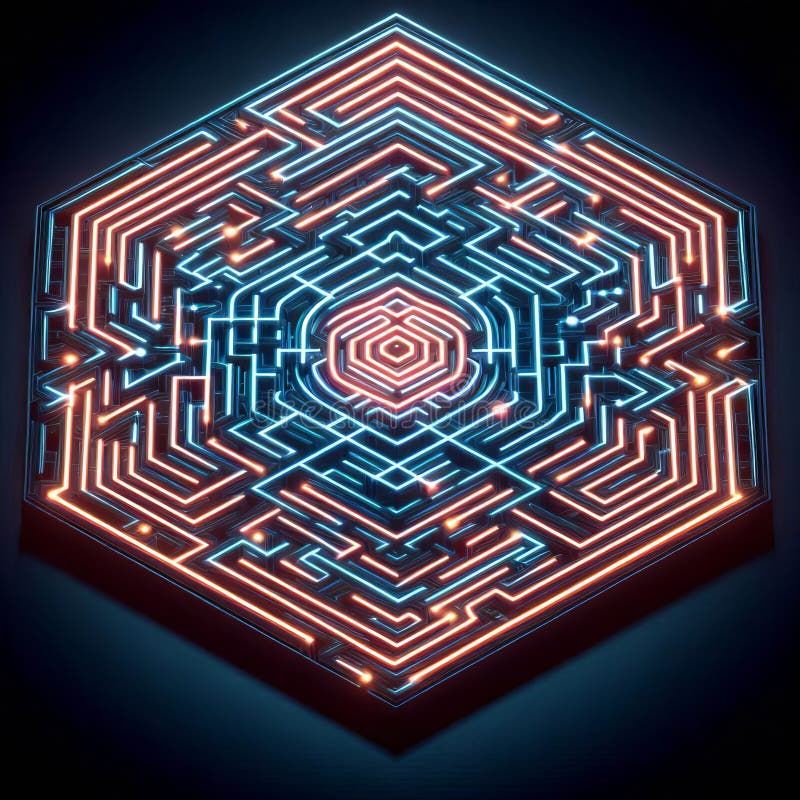 Geometric Labyrinth Path Pattern with Neon Lights a Labyrinth P Stock ...
