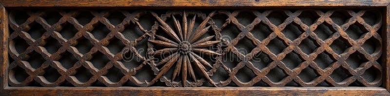 Geometric Lattice Pattern Carved in Dark Wood Frame, Background ...