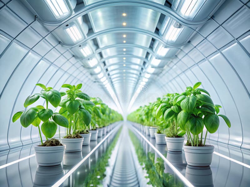 Geometric Light Illuminates Futuristic Basil Seedlings in a White ...