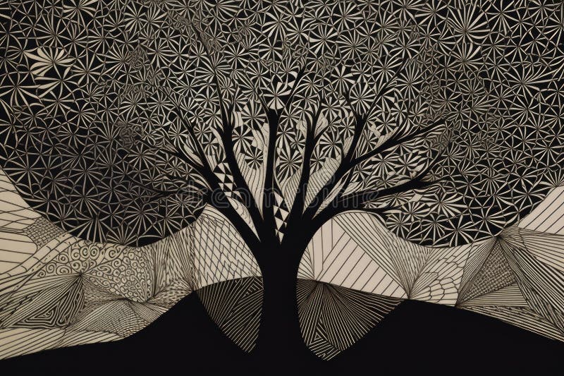Geometric Line Drawing of Tree with Intricate Lines and Deep Shadows ...
