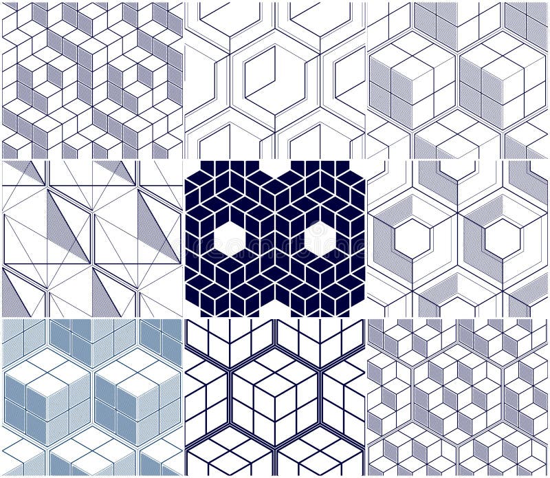 Geometric Lines Abstract Seamless Patterns Set, 3d Vector Backgrounds ...