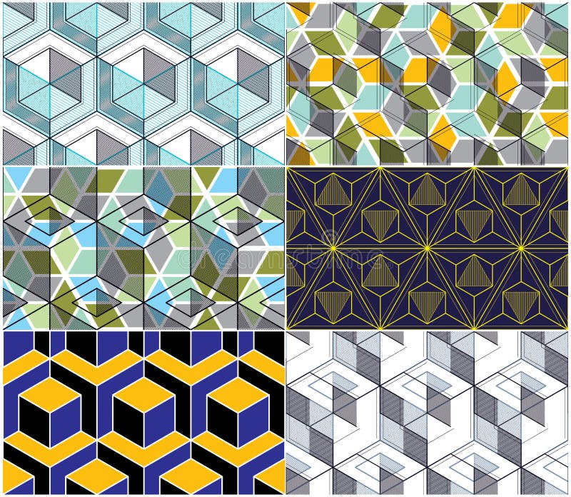 Geometric Lines Abstract Seamless Patterns Set, 3d Vector Backgrounds ...