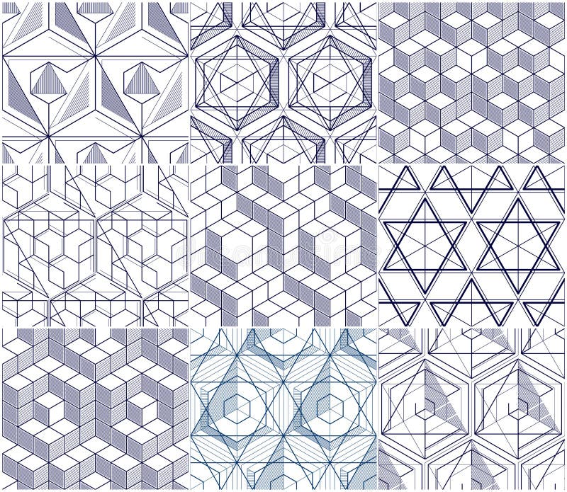 Geometric Lines Abstract Seamless Patterns Set, 3d Vector Backgrounds ...
