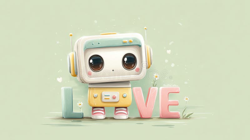 Geometric Love Bot in Pastel Minimalistic Illustration with Clean Negative Space and Subtle ...