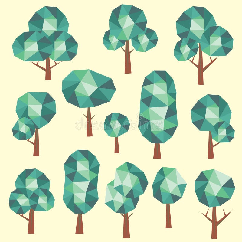 Geometric Low Poly Green Tree Set Stock Vector - Illustration of shape ...