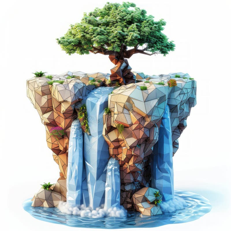 Geometric Low Poly Style Island with Cascading Waterfalls and Lush Tree ...
