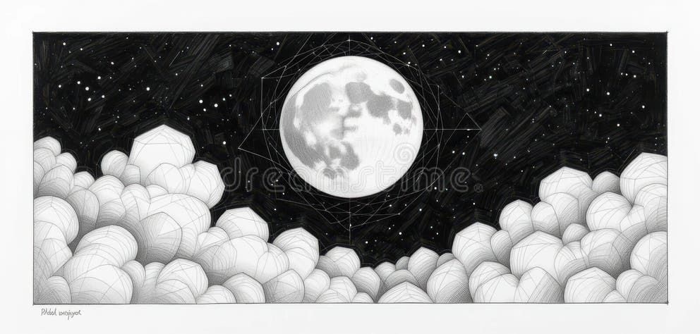 Geometric Lunar Abstraction Stylized Pencil Drawing of the Moon and ...
