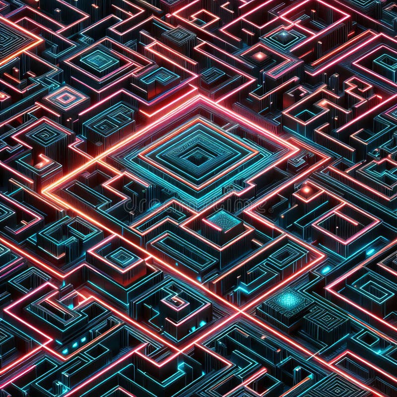 Geometric Maze Wall Pattern with Neon Paths a Maze Wall Patte Stock ...