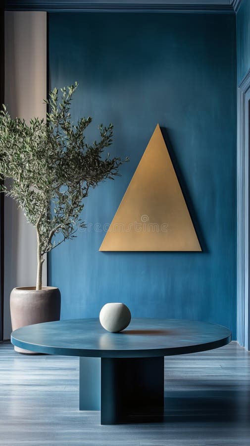 Geometric Metal Triangle Mounted on Vibrant Blue Wall in Modern ...