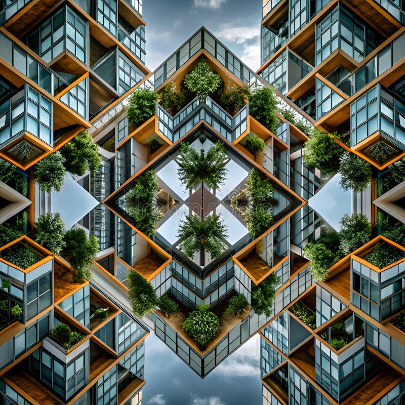 Geometric Modern Architecture with Greenery and Mirrored Reflections ...