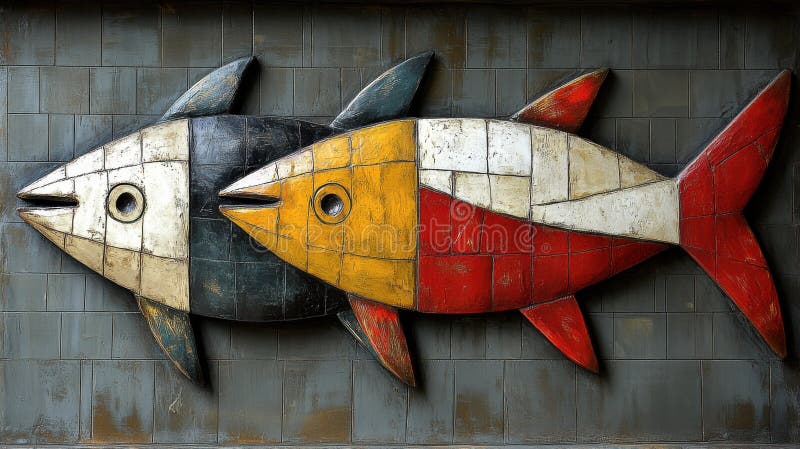 Geometric Mosaic Fish Art on Grey Tile Background Stock Illustration ...