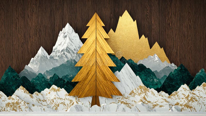 Geometric Mountain Art with Gold Tree on Textured Wood Background Stock ...