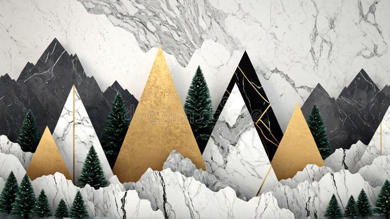 Geometric Mountain Art with Gold Triangles and Marble Textures Stock ...