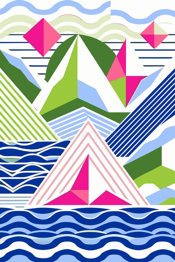 Geometric Mountain Landscape with Stylized Water and Sky Pattern Stock ...