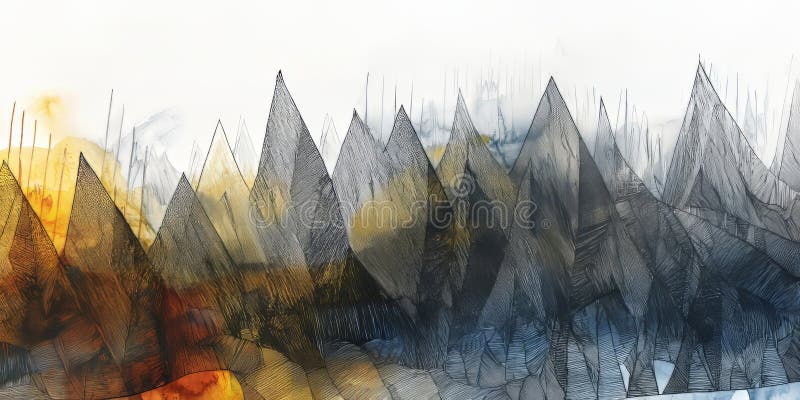Geometric Mountain Range Illustration with Watercolor and Ink Details ...