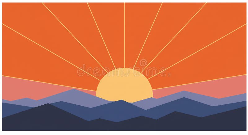 Geometric Mountain Range View at Sunrise with Sun Rays Illustration ...