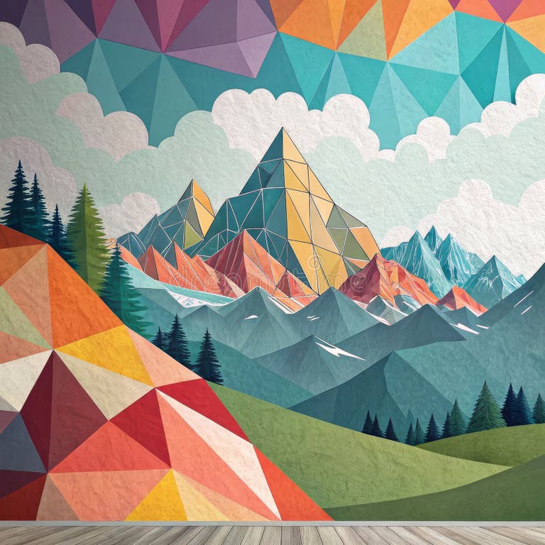 Geometric Mountainscape Abstract Triangle Art with Clouds and Trees ...