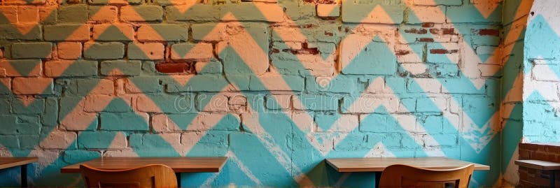 Geometric Mural on Brick Wall in Cozy Urban Cafe Interior Stock Image ...