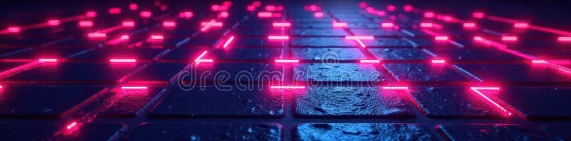 Geometric Neon Squares Shine on a Black Brick Surface , Illumination ...