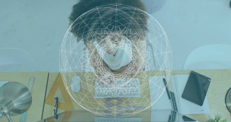 Geometric Network Animation Over Person Working at Desk with ...