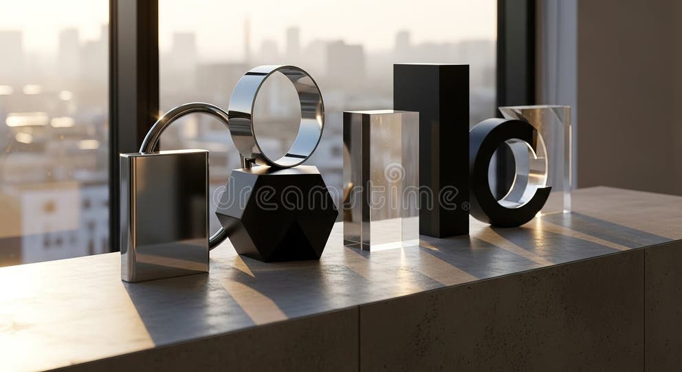 Geometric Objects Sit on a Ledge with a Window and City View. Stock ...