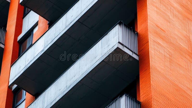 Geometric Orange Building with Concrete Balconies Stock Illustration ...