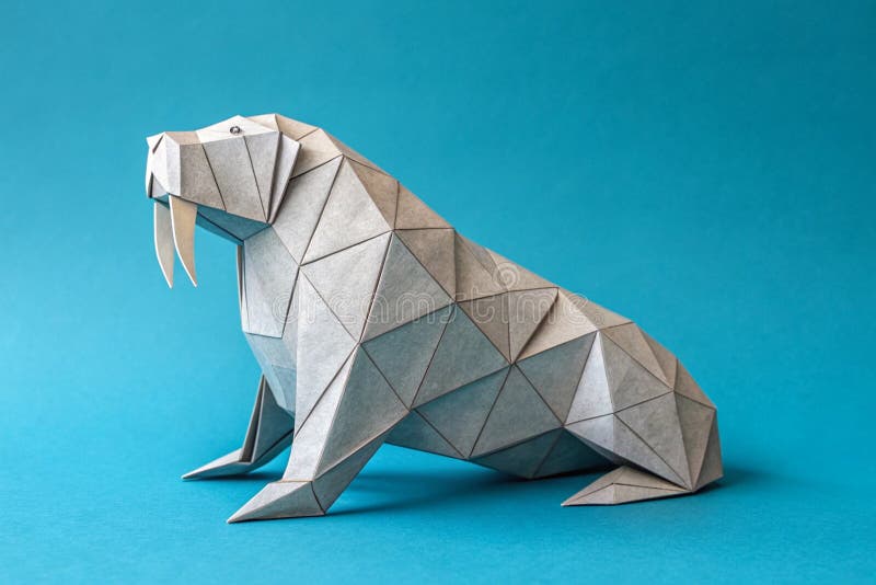 Geometric Origami Walrus Sculpture on a Blue Background - Generated by ...